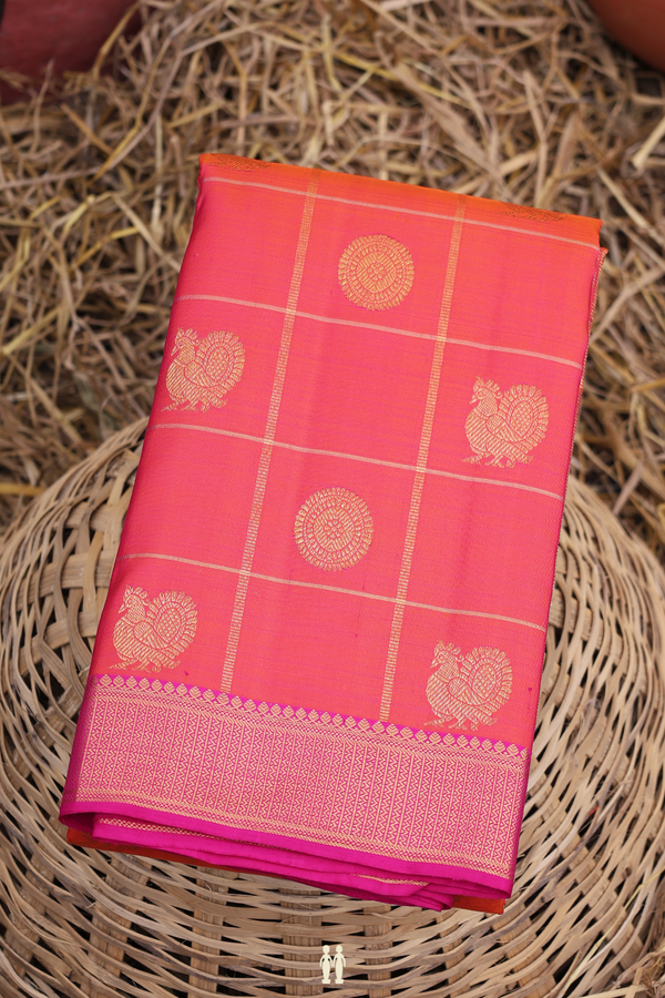 Kanchipuram Silk Saree In Coral Pink With Checks Design