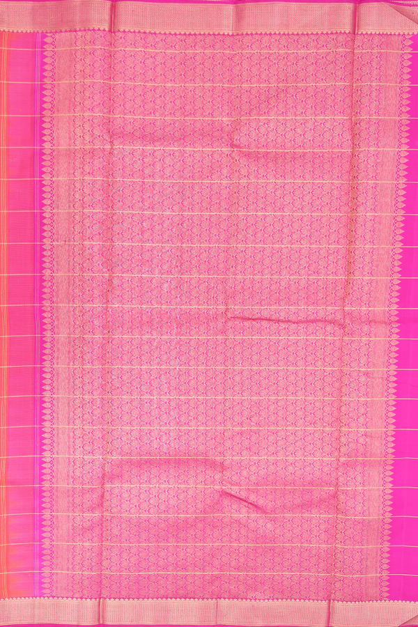 Kanchipuram Silk Saree In Coral Pink With Checks Design