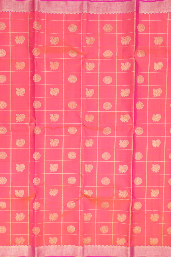Kanchipuram Silk Saree In Coral Pink With Checks Design