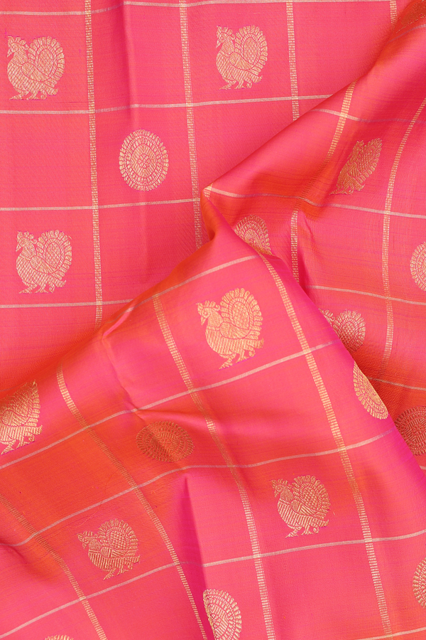 Kanchipuram Silk Saree In Coral Pink With Checks Design